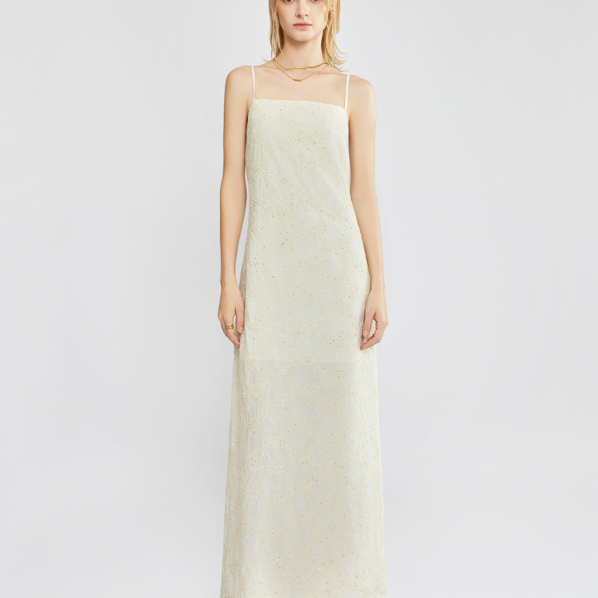 ASOBIO Embroidered Cut Work Cami Column Maxi Dress